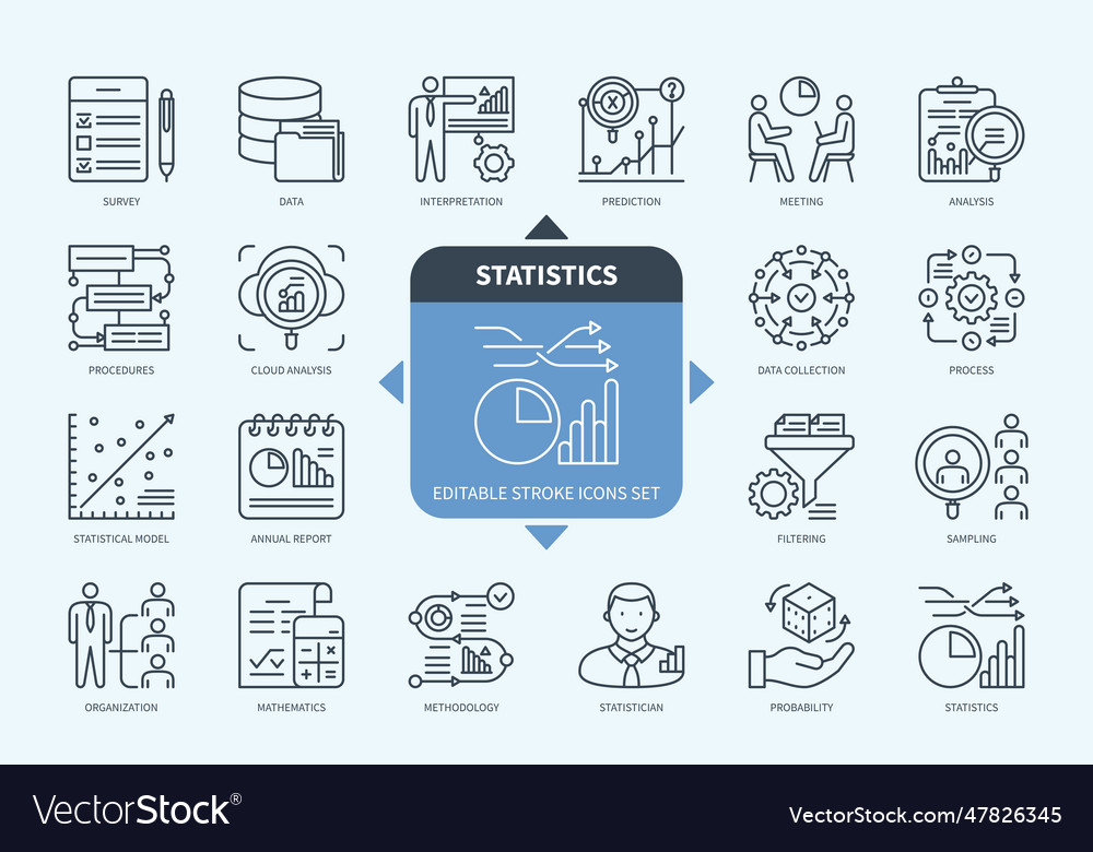 Statistics icons set with description Royalty Free Vector