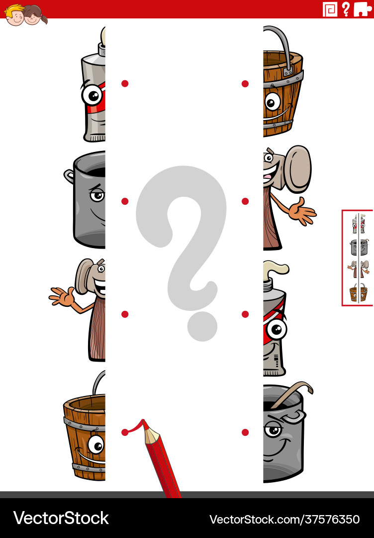 Match halves pictures with cartoon objects Vector Image