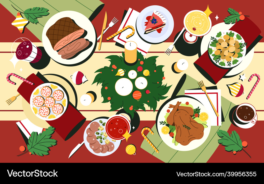 Christmas table top view with dishes and decorated