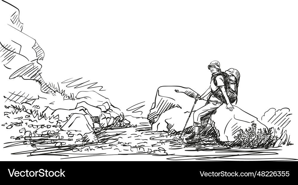 Female trekker with backpack sitting and resting Vector Image