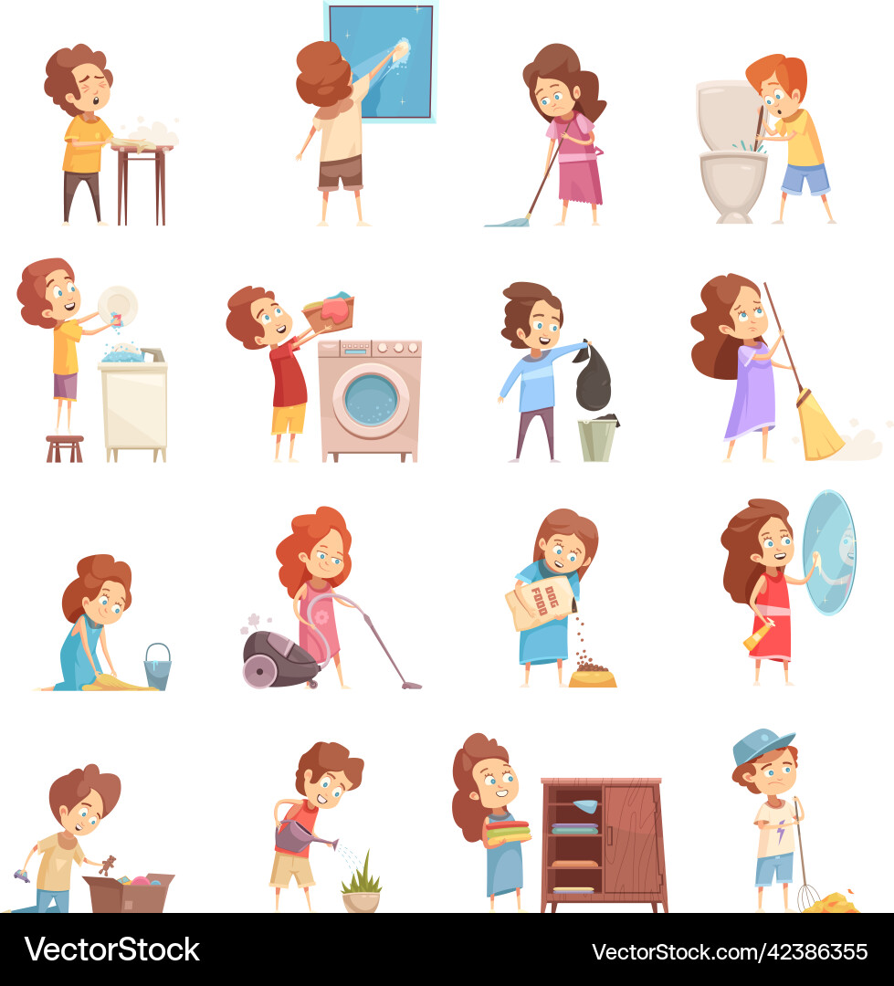Kids cleaning cartoon icons set Royalty Free Vector Image