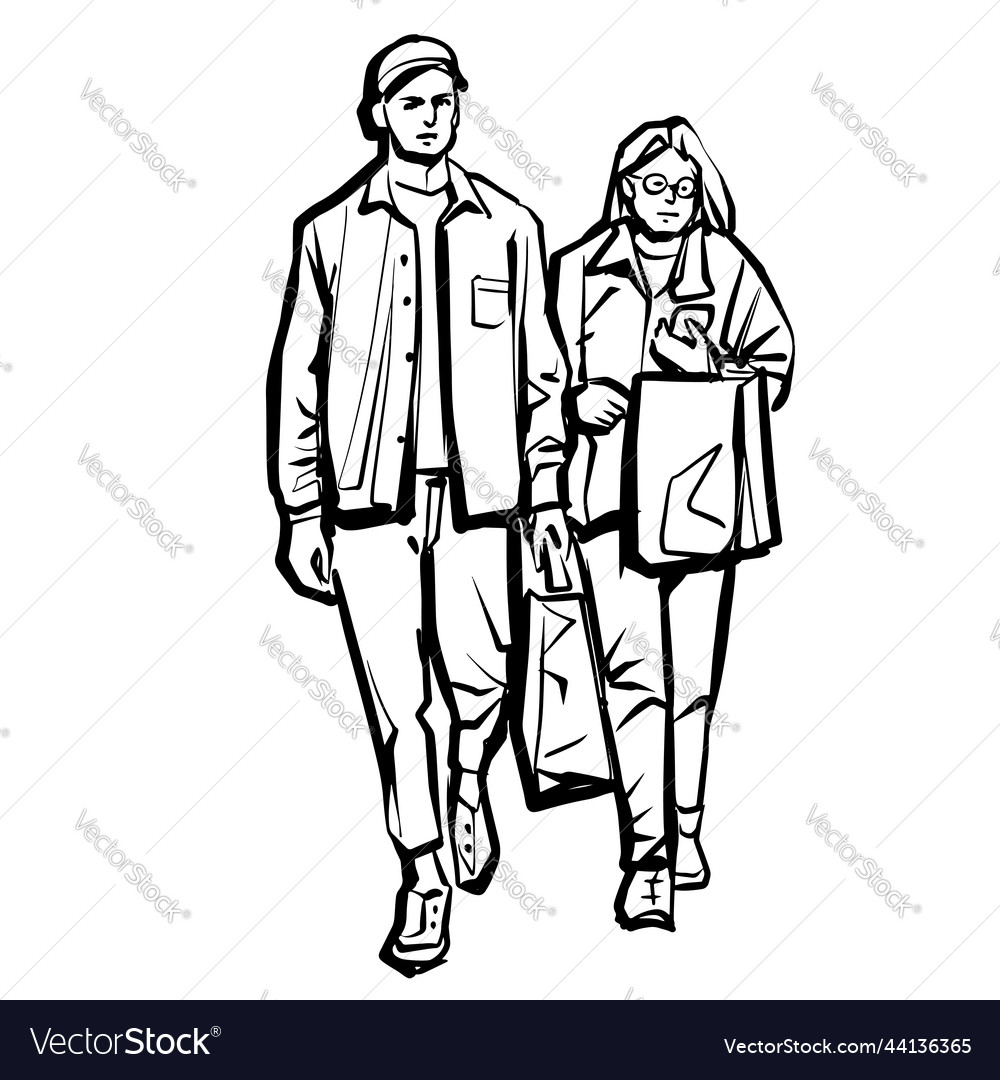 Woman and man on a walk sketch of couple ink Vector Image