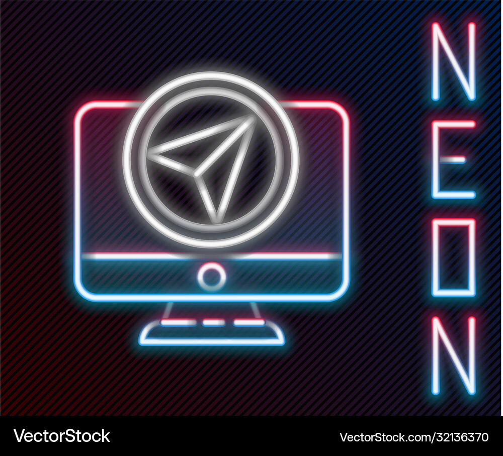 Glowing neon line computer monitor and folded map Vector Image