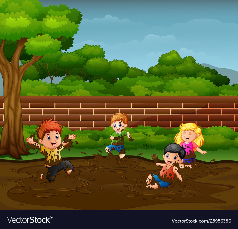 Children having fun playing in mud Royalty Free Vector Image