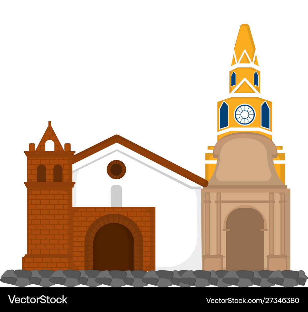 Clock tower with church Royalty Free Vector Image