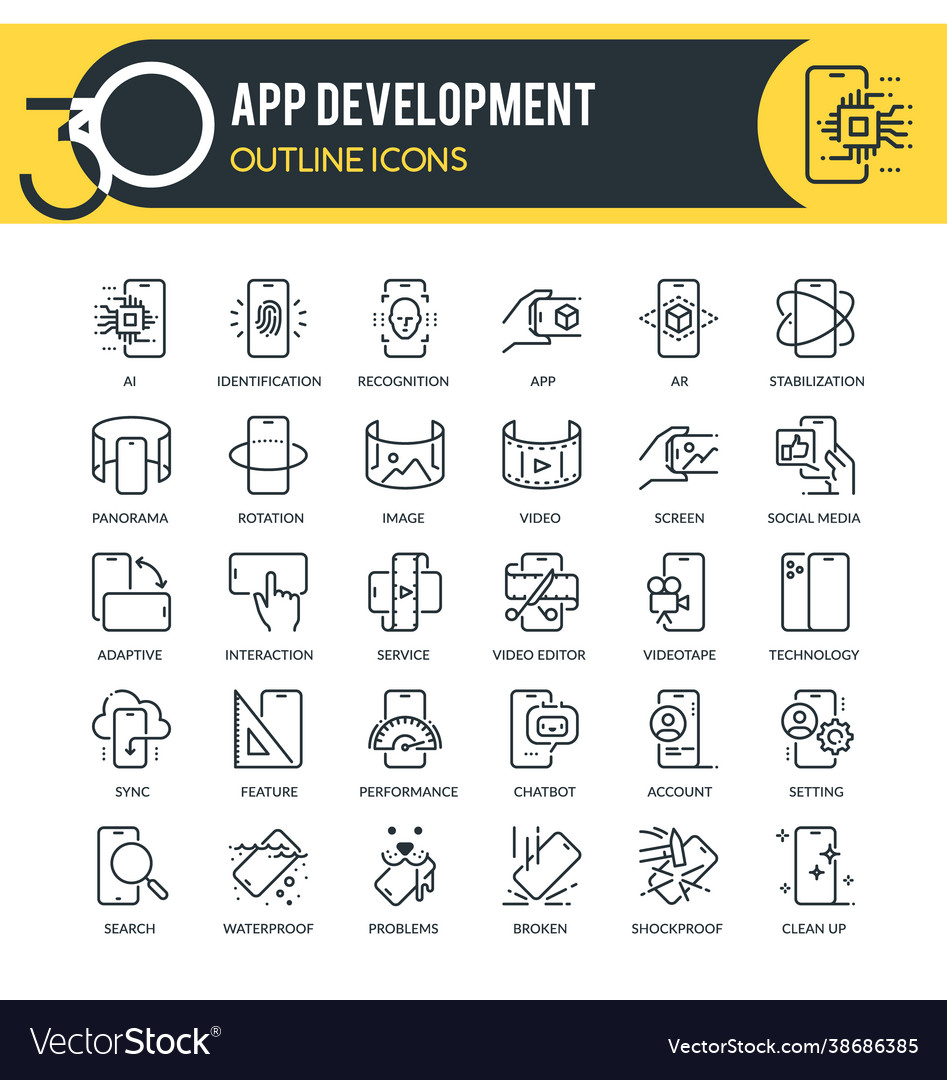 App development outline icons Royalty Free Vector Image