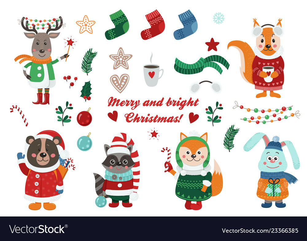 Big christmas set with isolated forest animals Vector Image
