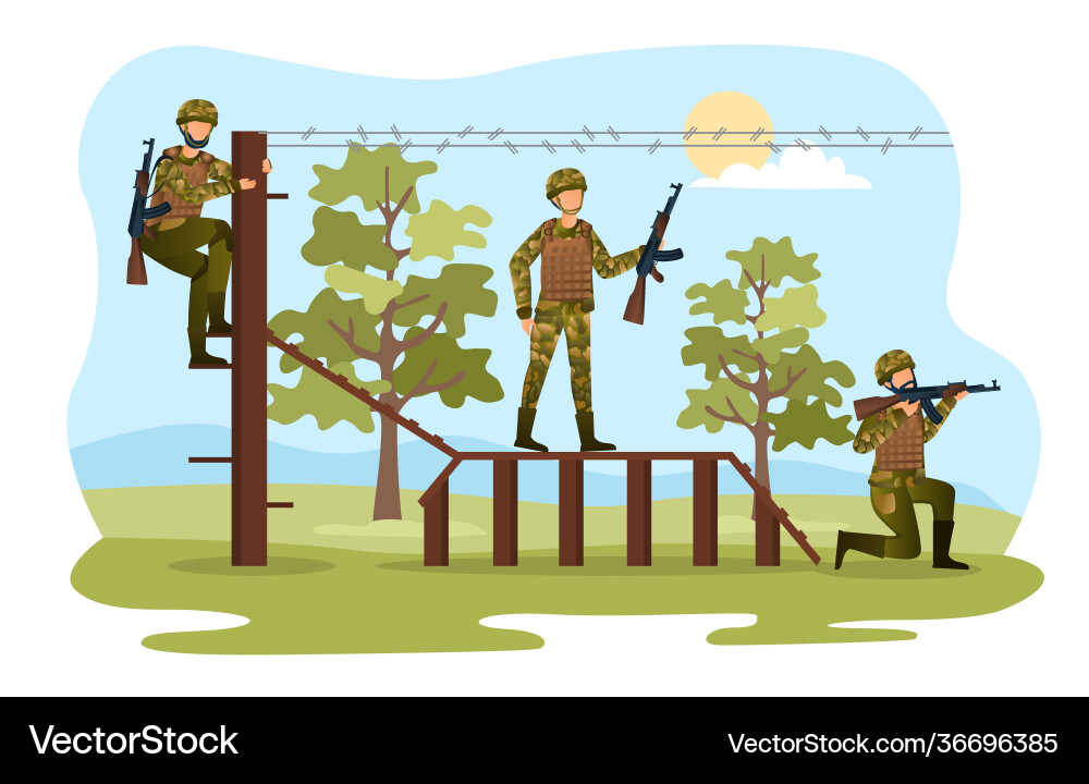 Three male characters are training for soldiers Vector Image