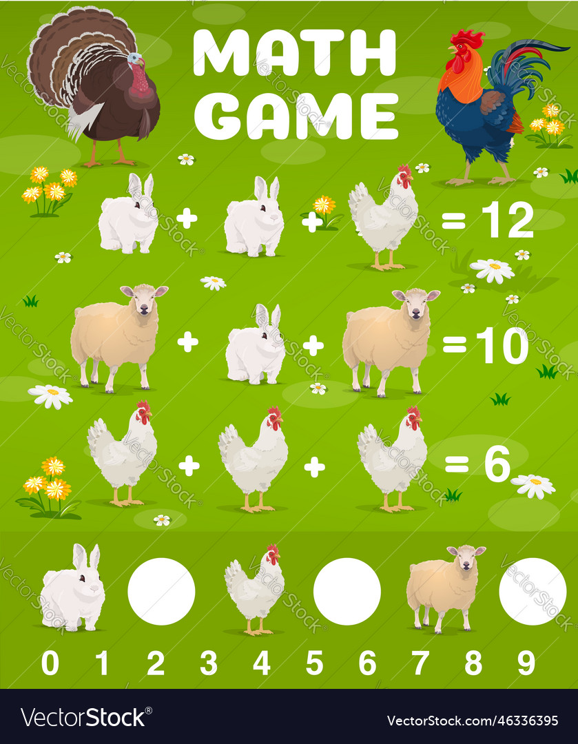 Cartoon farm animals math game worksheet task Vector Image