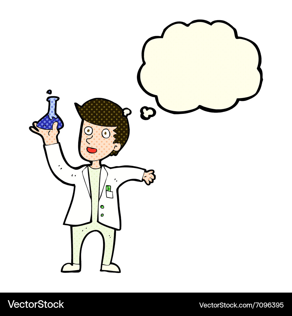 Cartoon happy scientist with thought bubble Vector Image