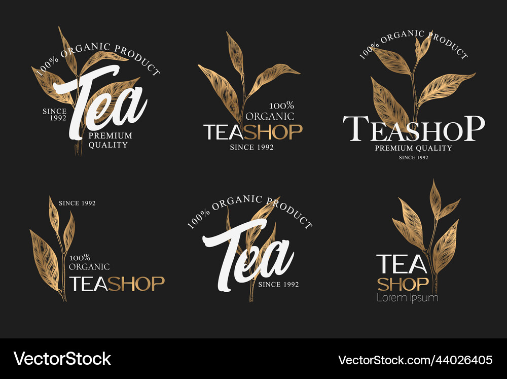 Tea hand drawn logos collection with gold branches