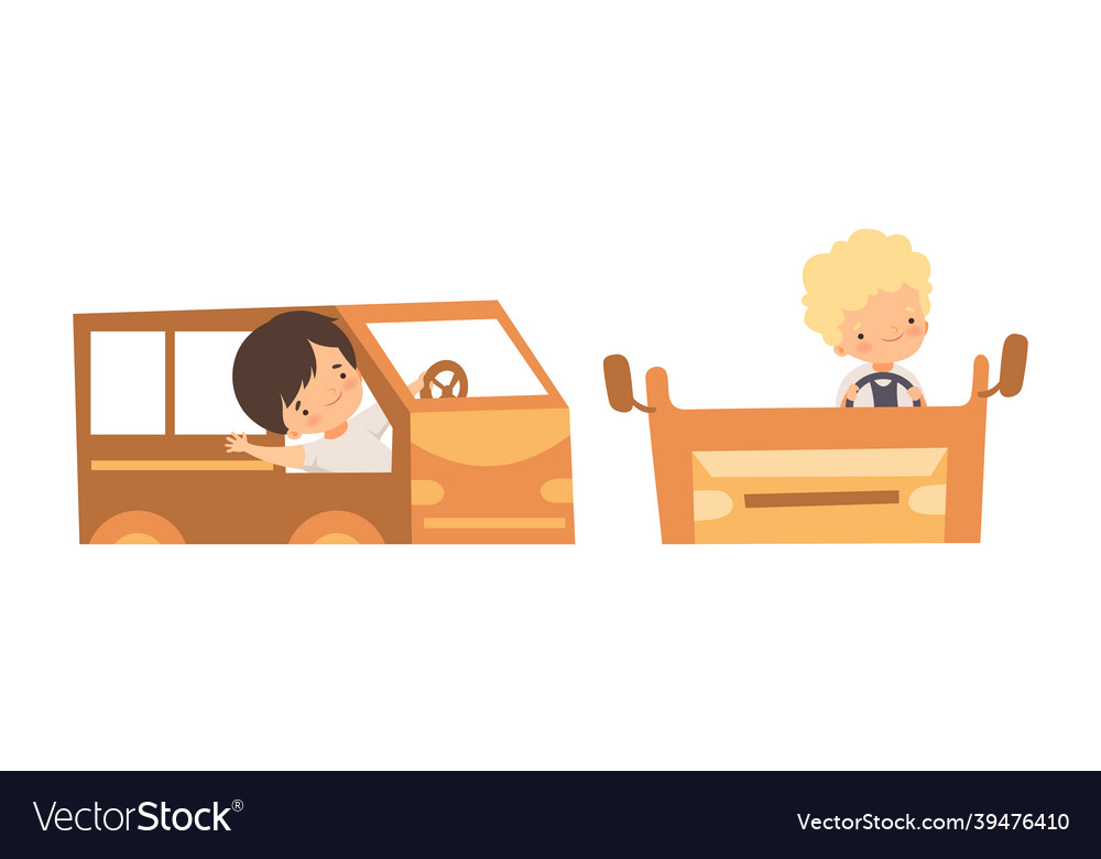 Cute creative little boy driving cardboard car Vector Image