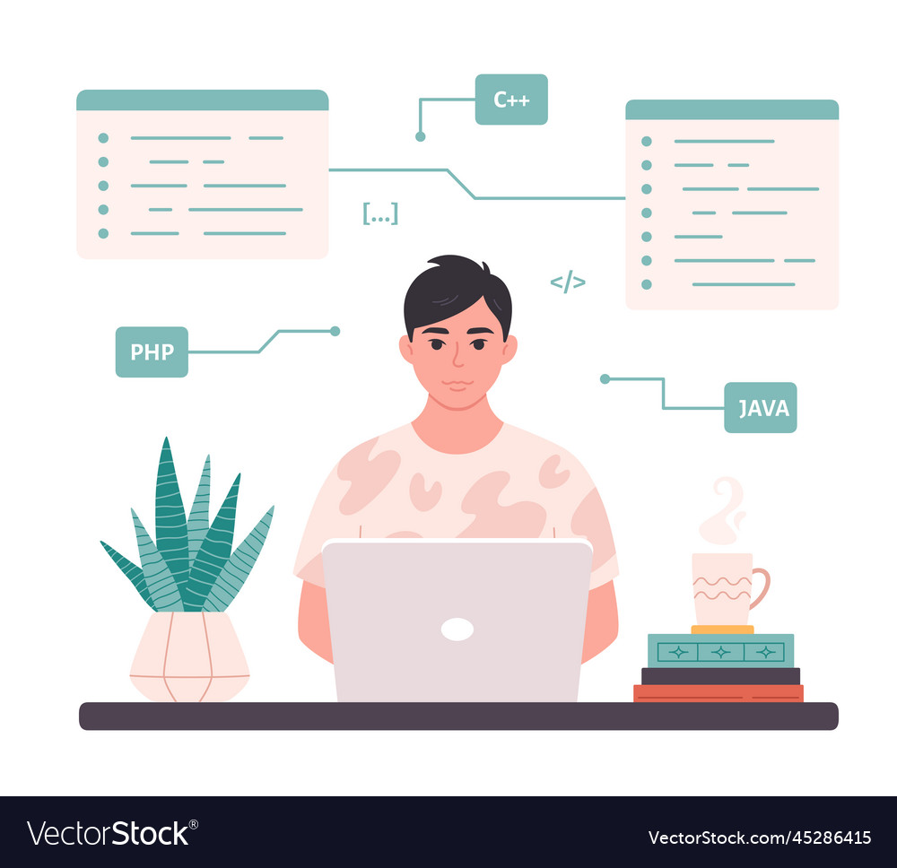 Asian man working on laptop it developer Vector Image