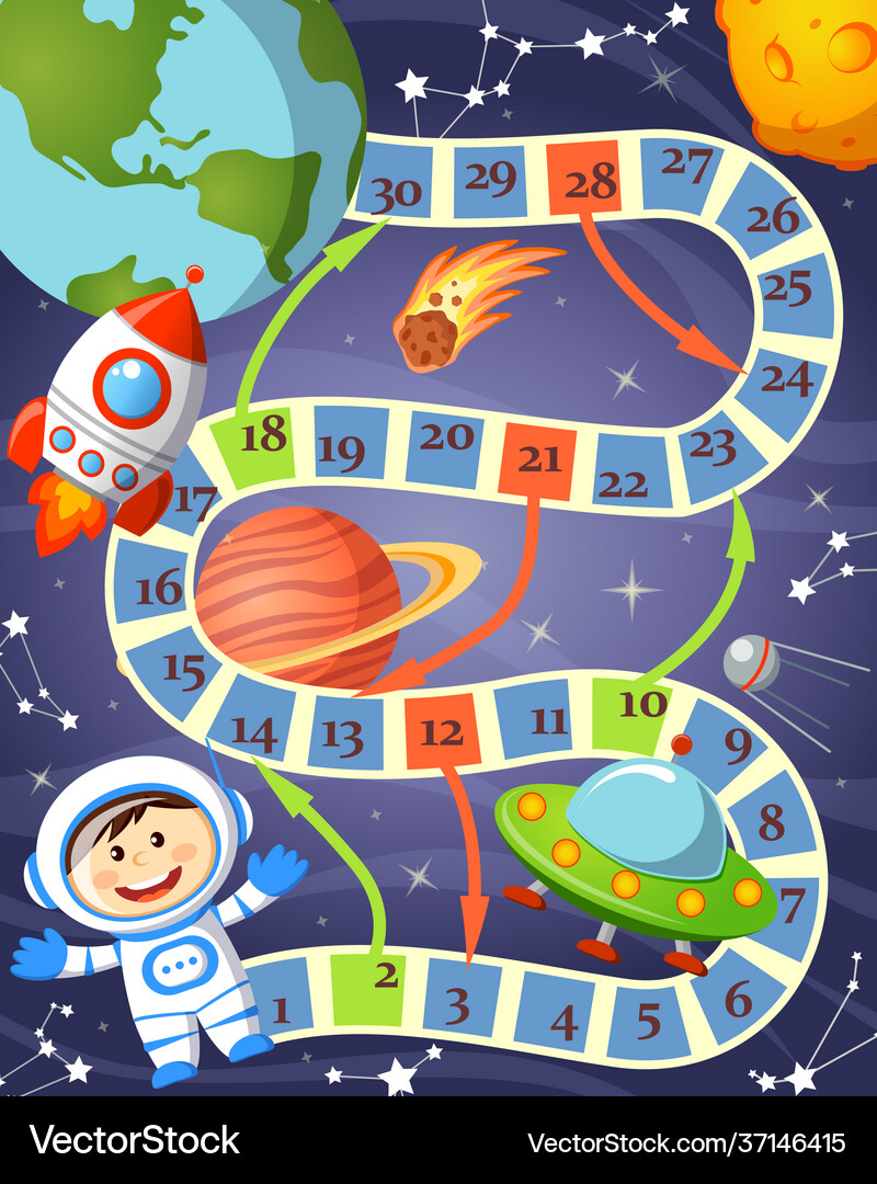 Board game with cosmonaut ufo rocket planet Vector Image