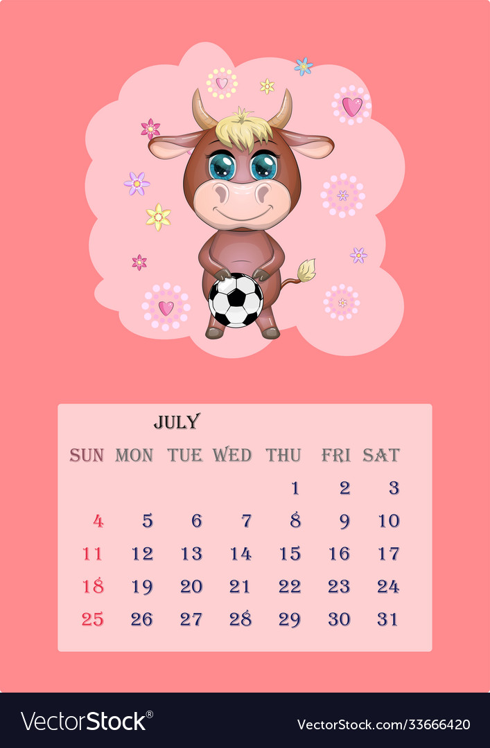 Calendar 2021 cute bull and cow for every month Vector Image