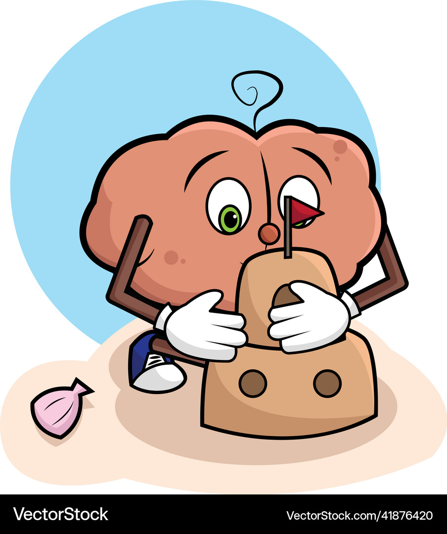 Isolated brain cartoon character building a sand Vector Image