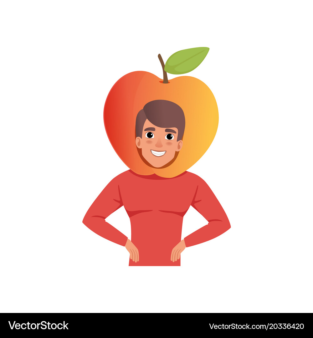 Smiling man character in apple fruit headwear Vector Image