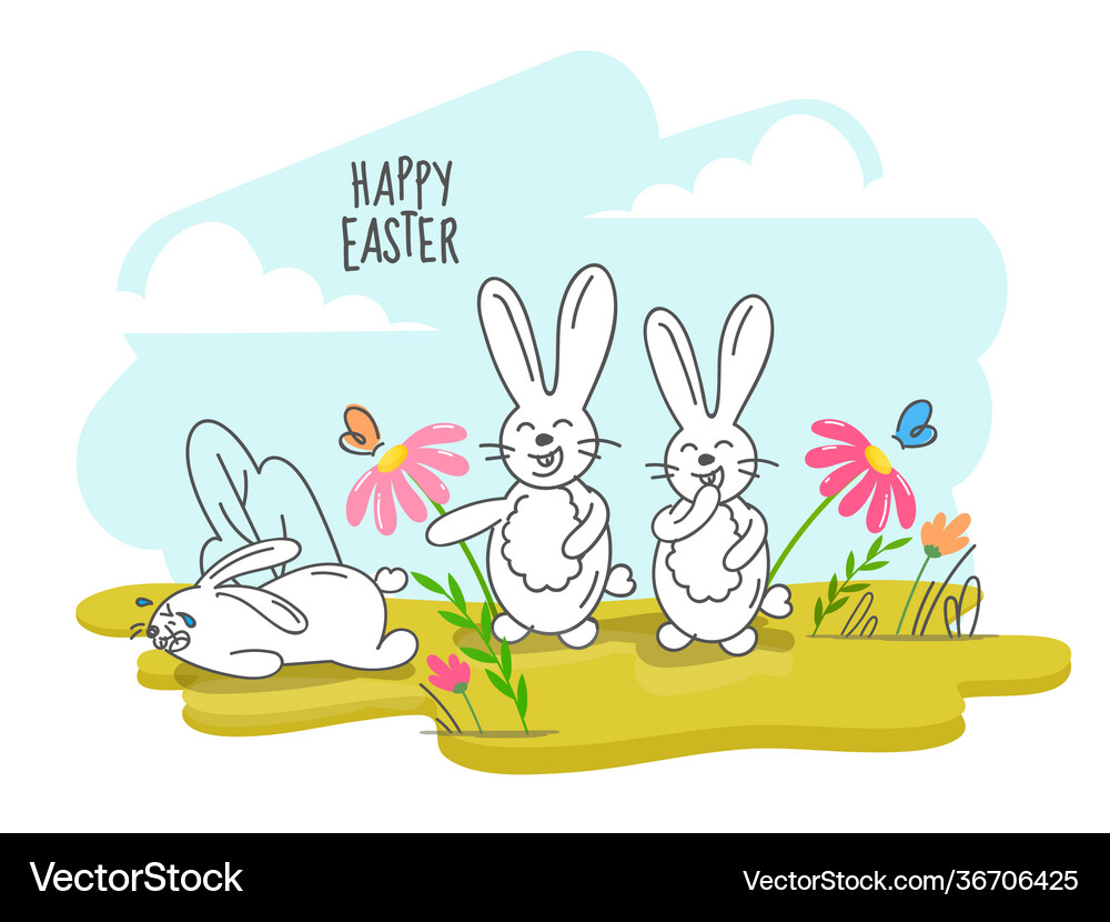 Cheerful bunnies looking at falling bunny on Vector Image