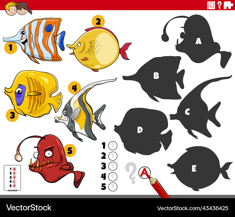 Shadows task with cartoon fish animal characters Vector Image