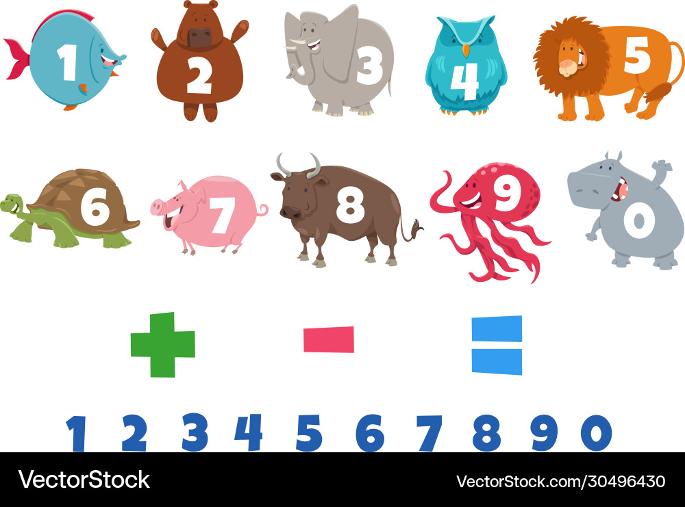 Numbers set with cartoon animal characters Vector Image