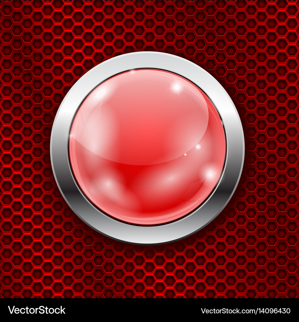 Red round glass button with metal frame on red Vector Image