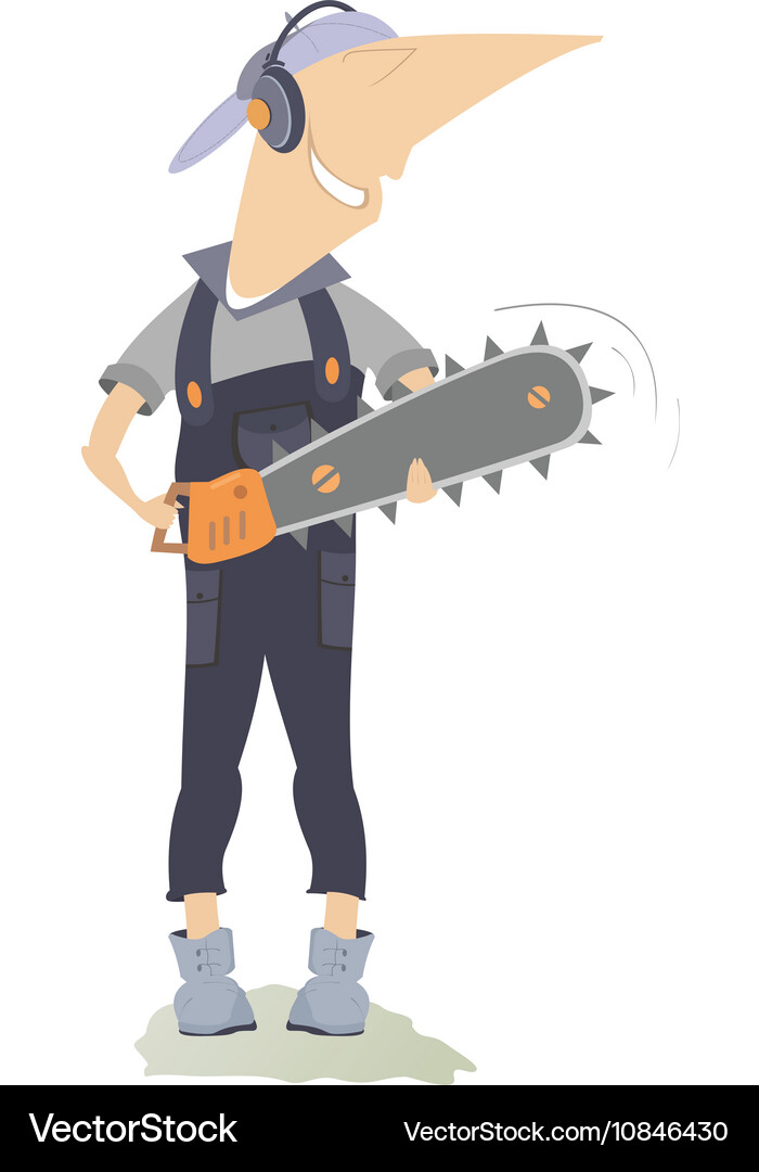 Smiling worker with chainsaw Royalty Free Vector Image