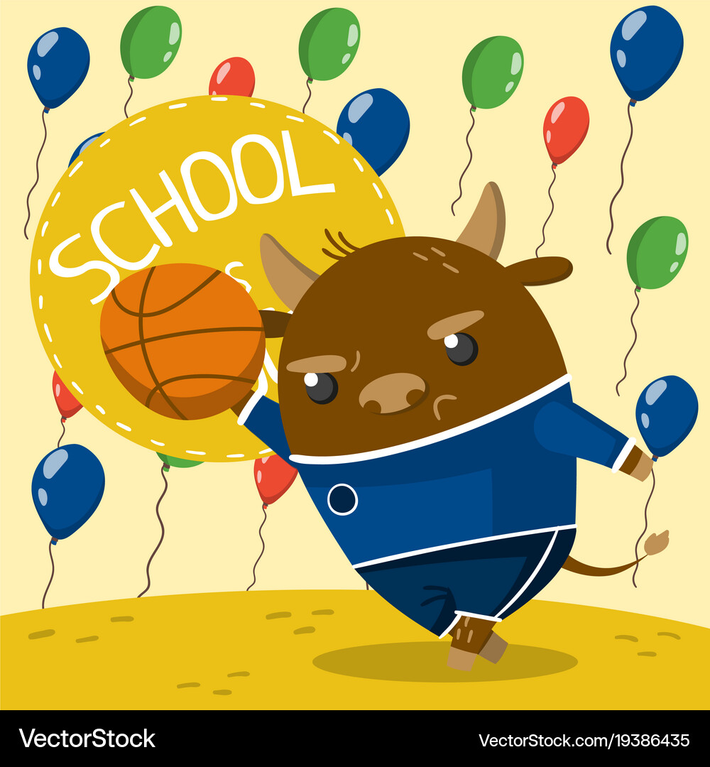 Cute little bull in school uniform playing Vector Image