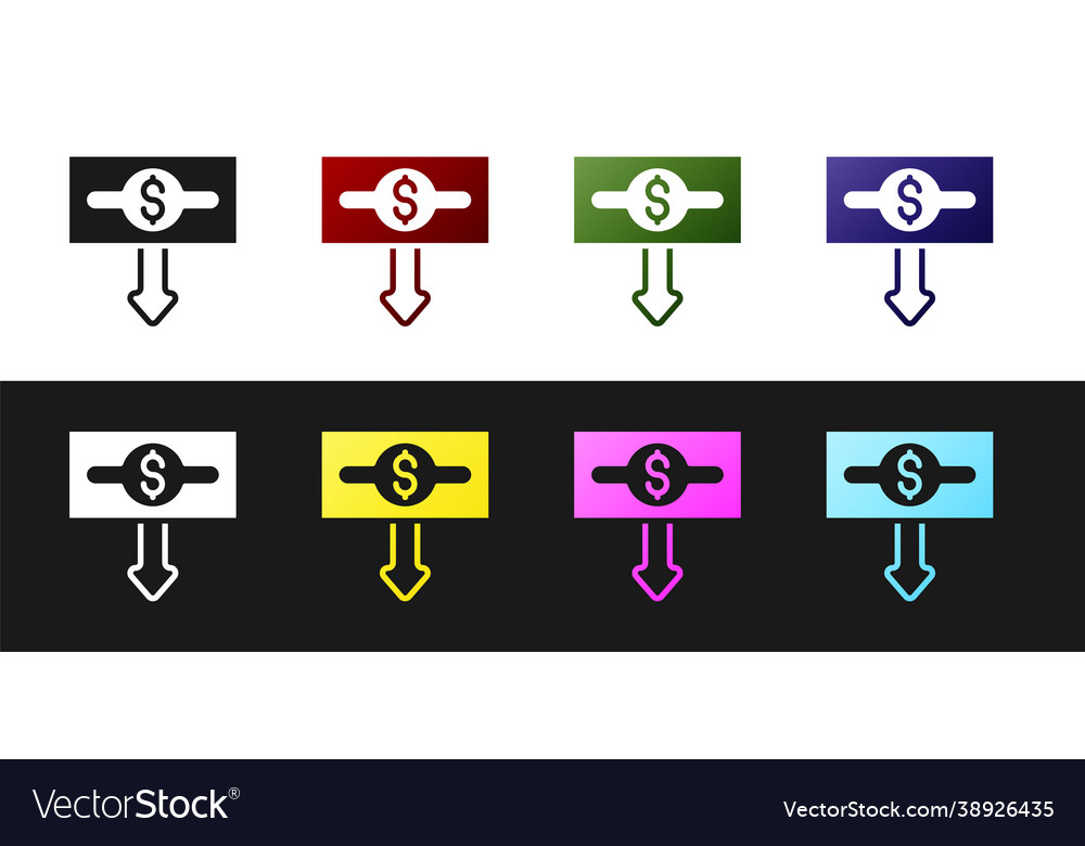 Set dollar rate decrease icon isolated on black Vector Image