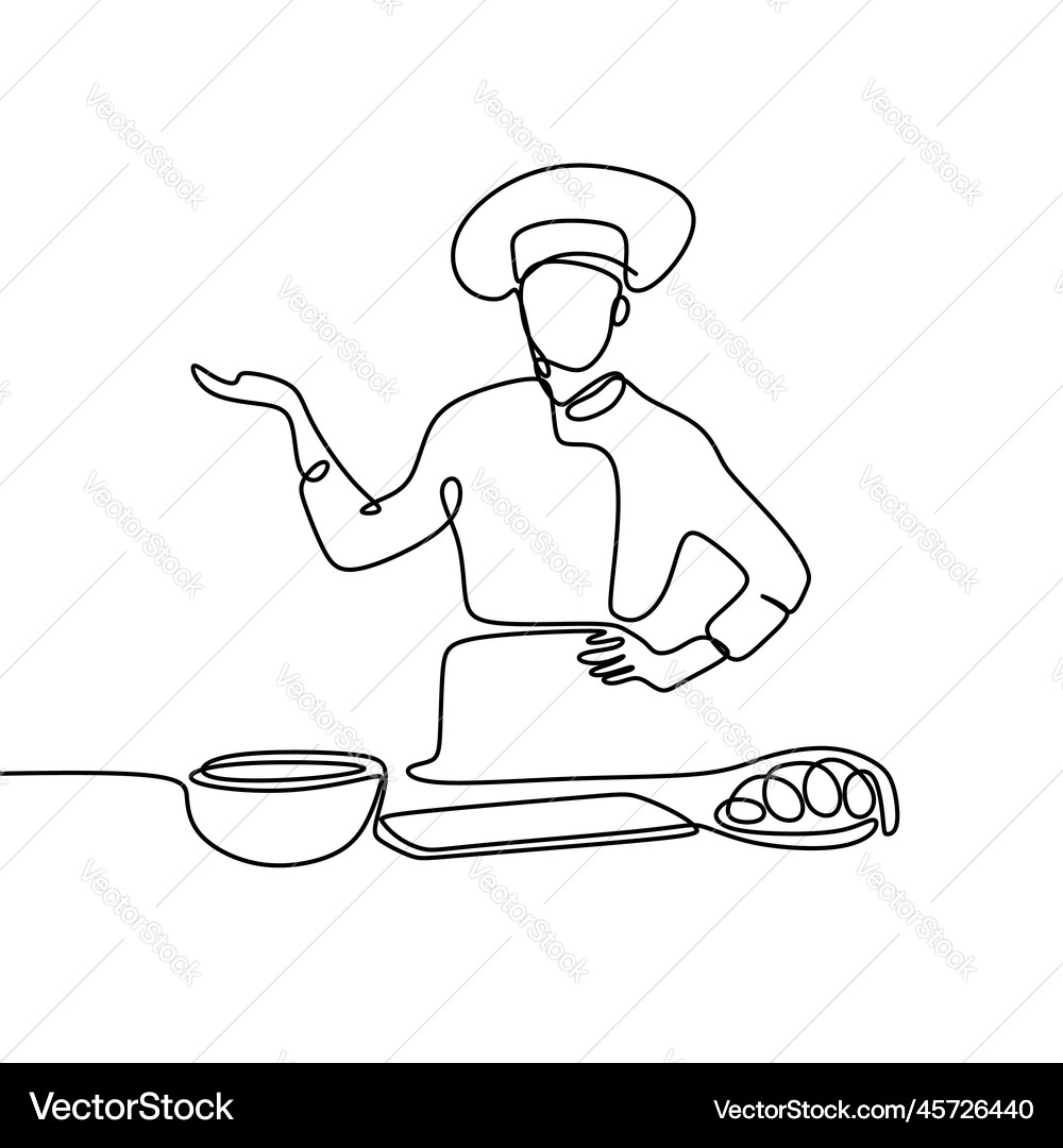Continuous line drawing of confident chef standing