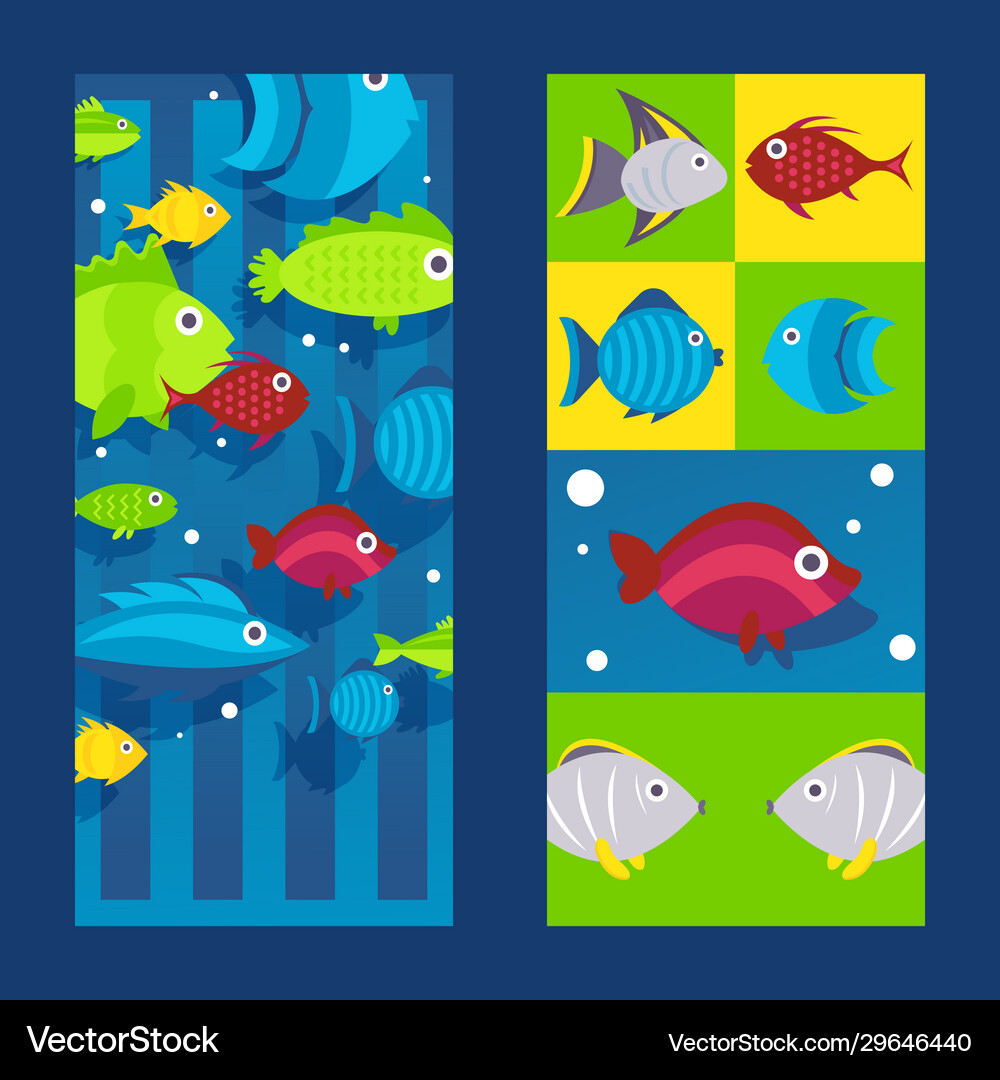 Fish icons and stickers on vertical banner flat Vector Image