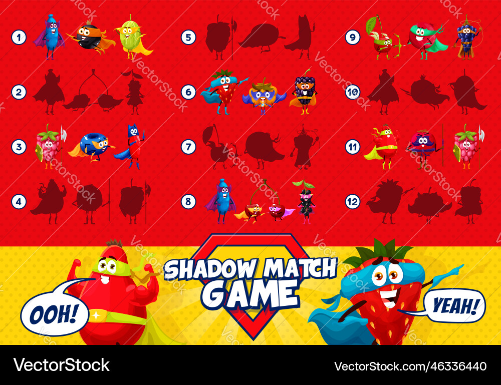 Shadow match game with cartoon superhero berries Vector Image