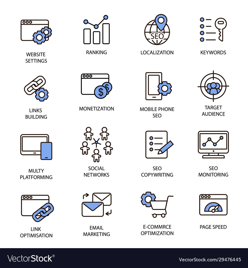 Set thin line seo optimization rank result Vector Image