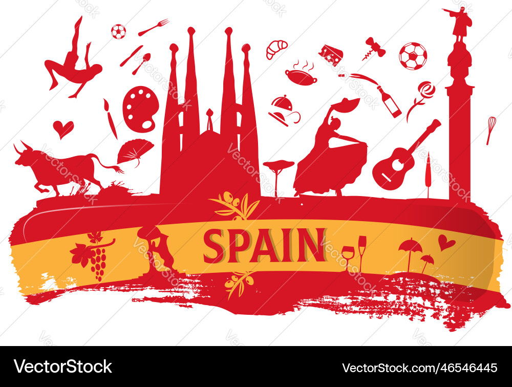 Spain travel banner with icon and monuments Vector Image