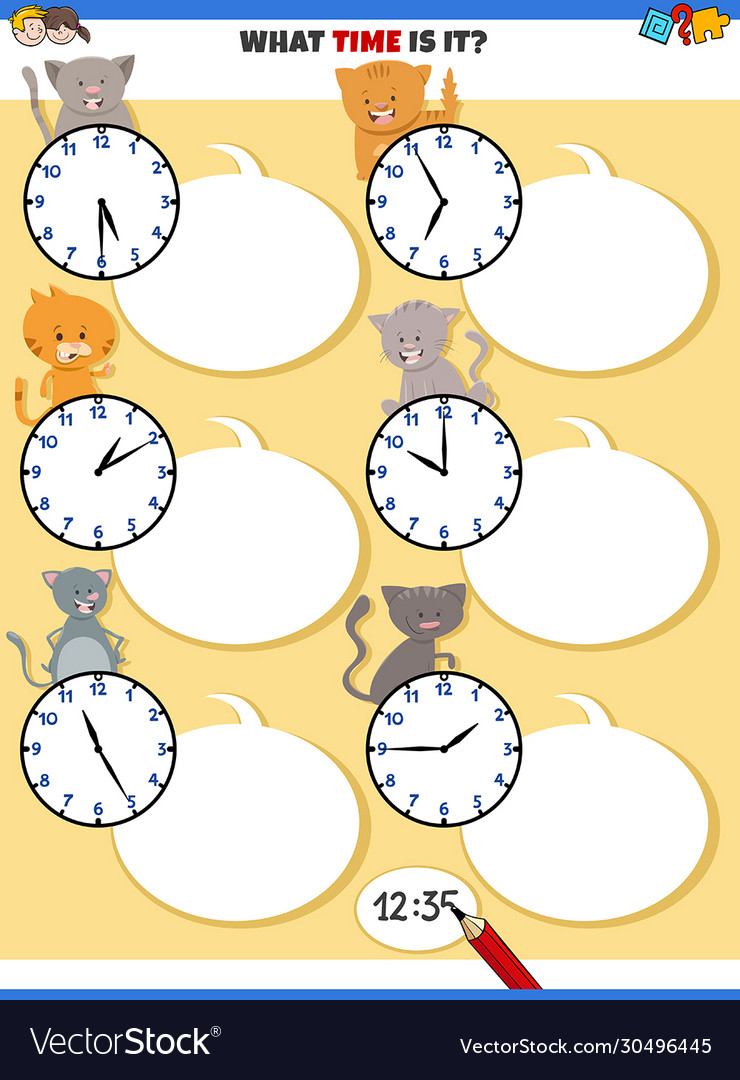 Telling time educational task with cute cats Vector Image