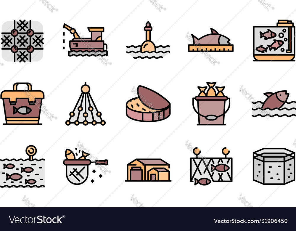 Fish farm icons set line color Royalty Free Vector Image Fish farm icons set line color Royalty Free Vector Image
