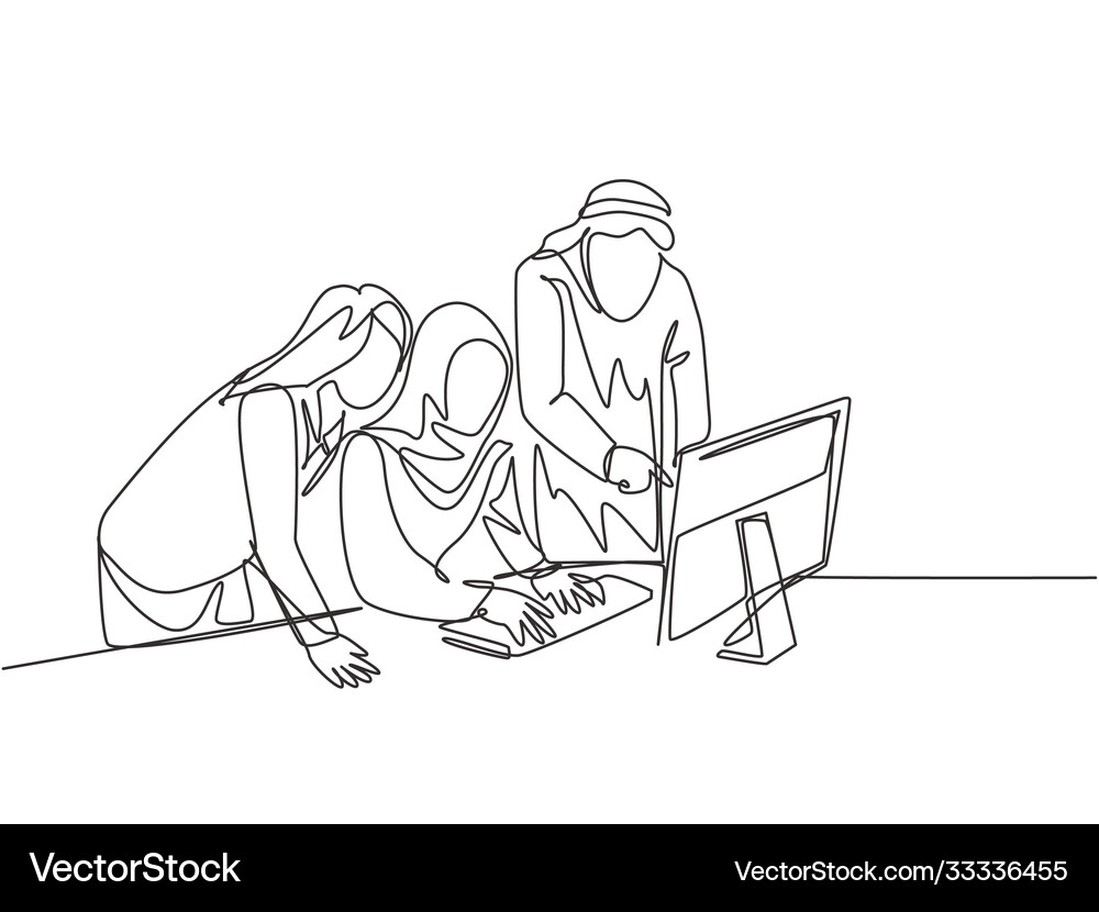 One single line drawing young muslim employees Vector Image