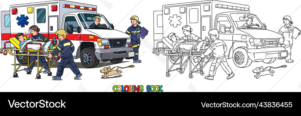 Paramedics and Ambulance - Coloring Page Vector Image