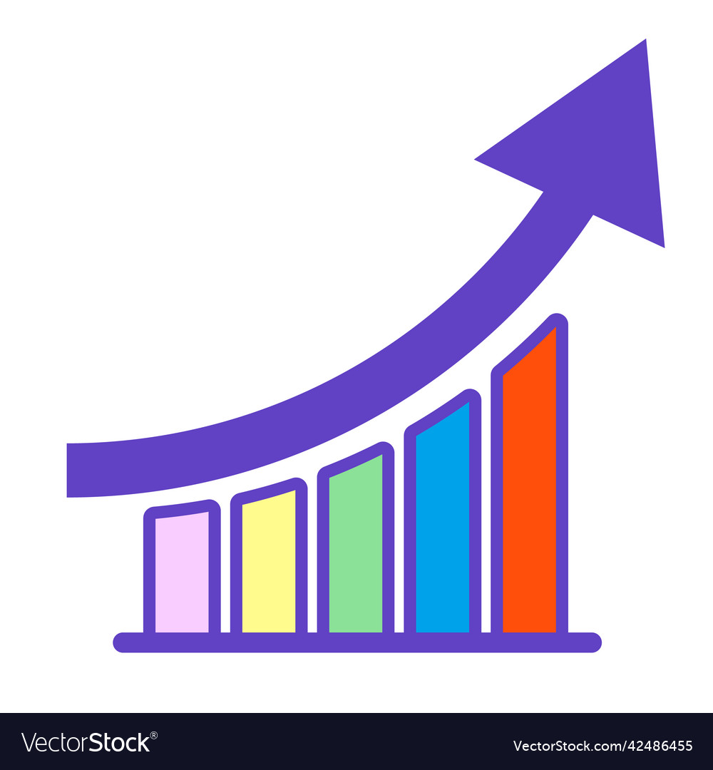 Rising purple arrow and bar graph icon Royalty Free Vector