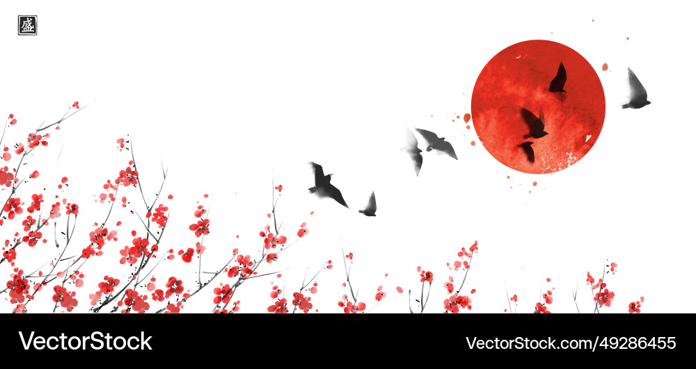 Sakura tree in bloom big red sun and flock Vector Image