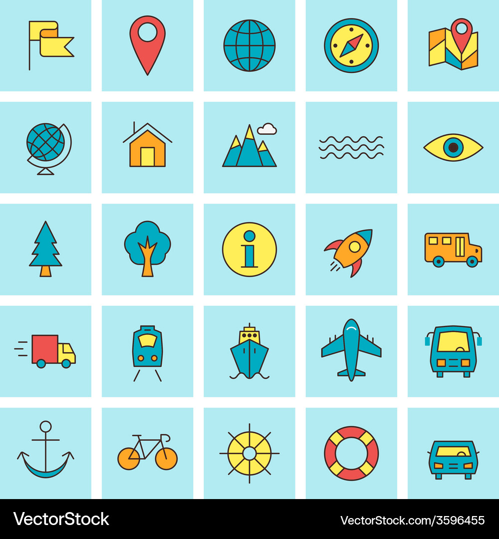 Travel and transportation icon set in flat design Vector Image