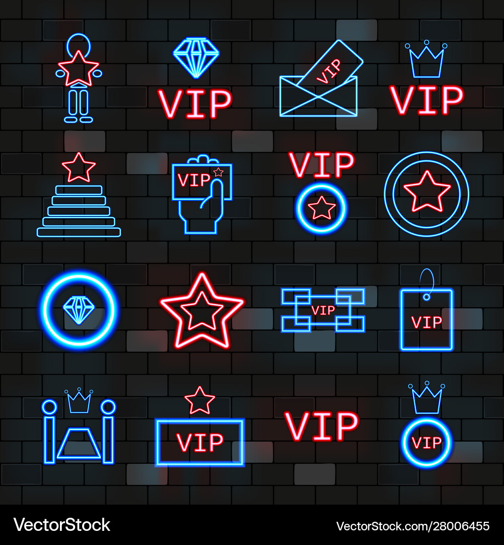 Vip neon icons set outline cute Royalty Free Vector Image
