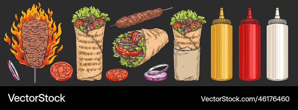 Kebab shawarma set colorful stickers Royalty Free Vector