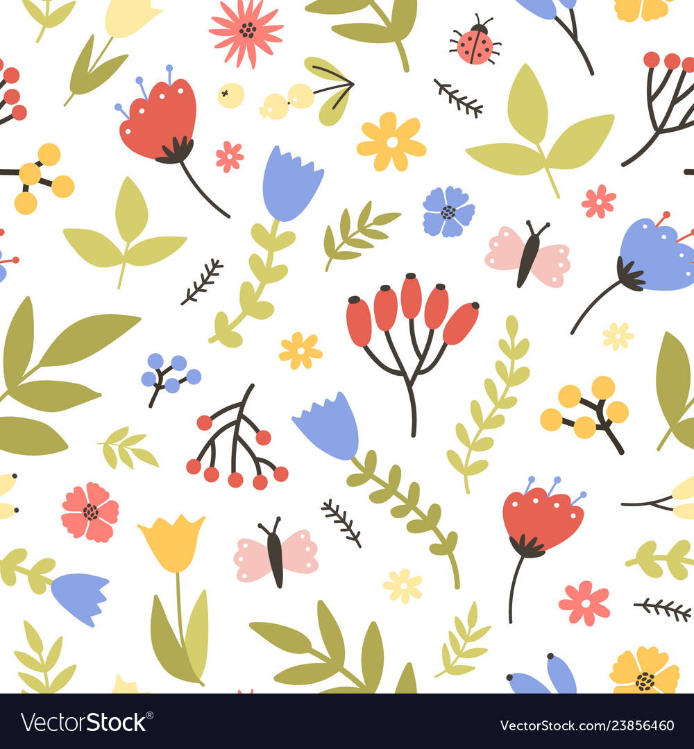 Spring seamless pattern with blooming plants Vector Image