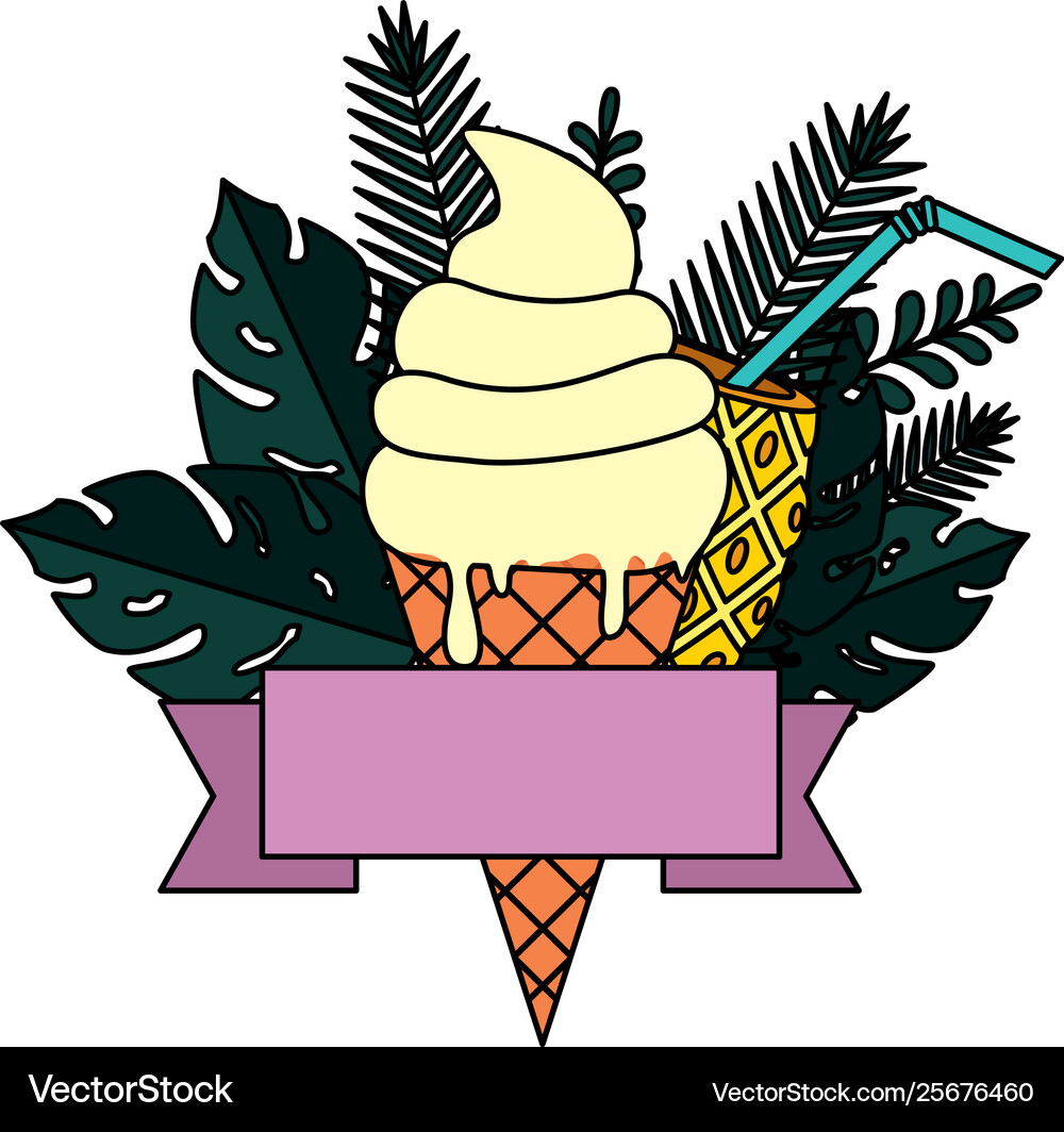 Summer frame with tropical leafs and ice cream Vector Image