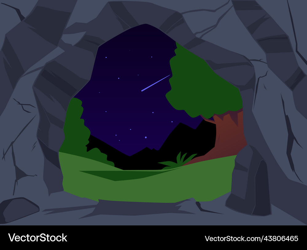 Inside of stone cave night forest landscape Vector Image