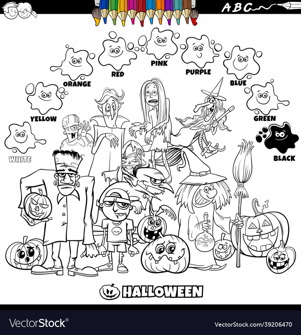 Basic colors color book with group of halloween Vector Image