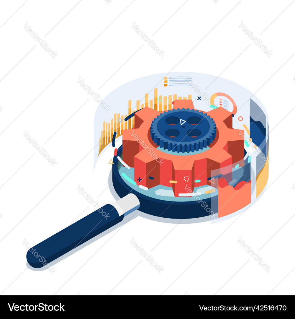 Isometric magnifying glass with gears and graph Vector Image
