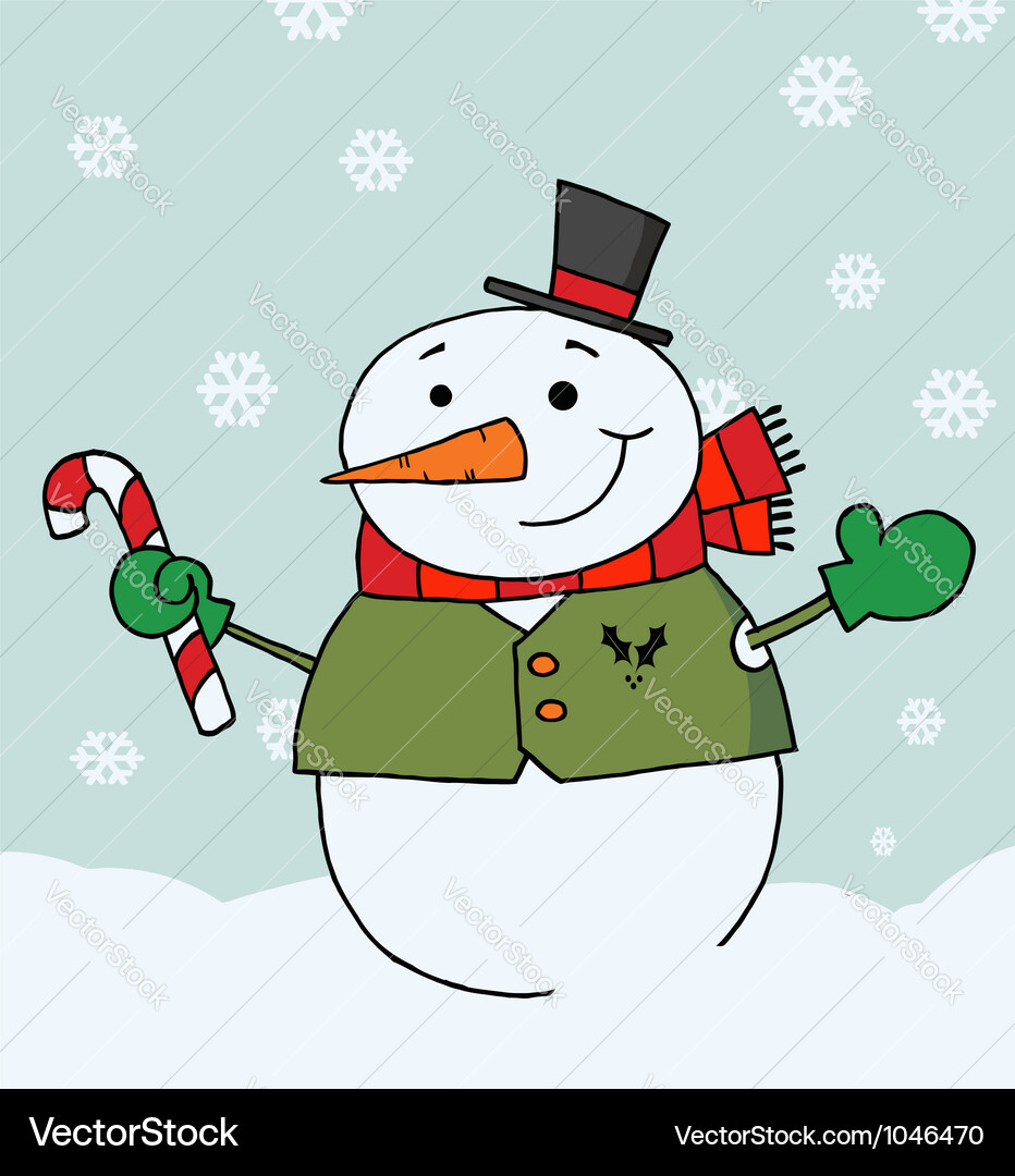 Snowman holding a candy cane in the snow Vector Image
