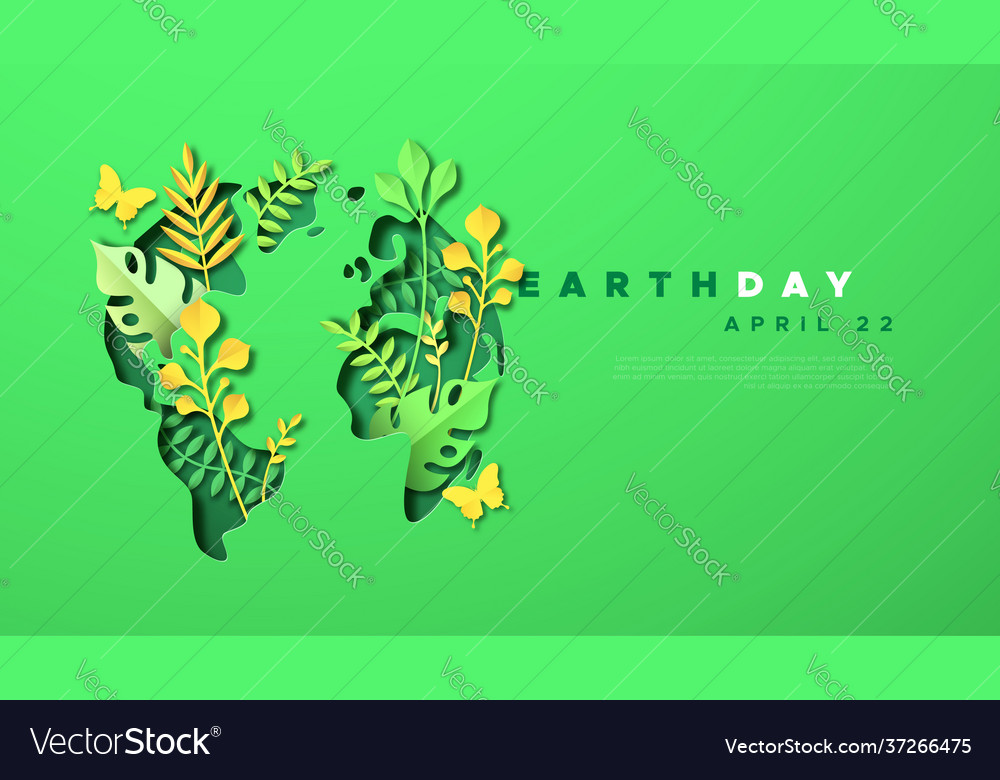 Earth day green paper cut leaf world map template Vector Image