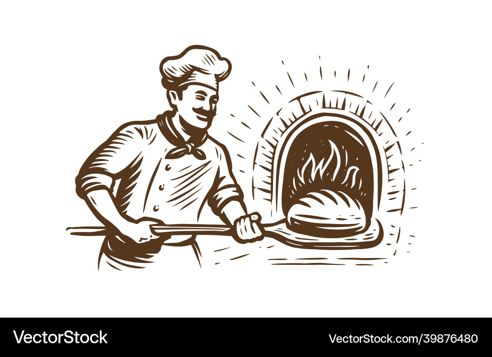 Baker holding baking pan into wood oven Royalty Free Vector